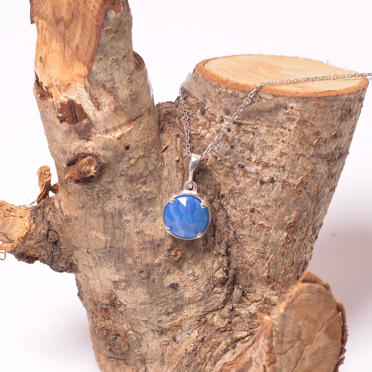 Mavi Akik Taşı Gümüş Kolye - Dolunay Model